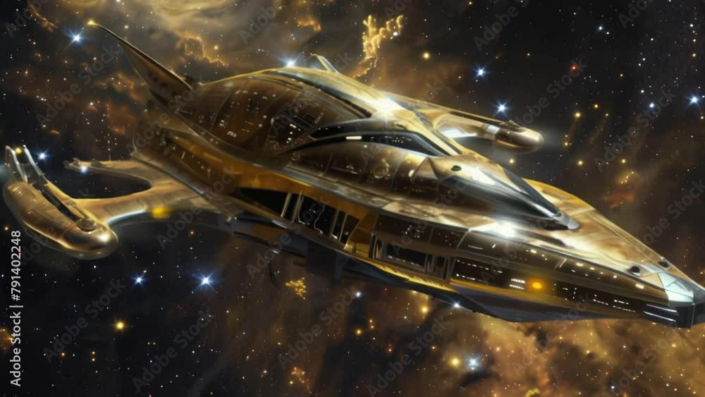 Sleek, streamlined golden spaceship blazes through deep space at high ...