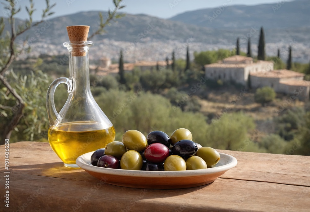 Ceramic plate full of selected olives and glass carafe of olive oil ...