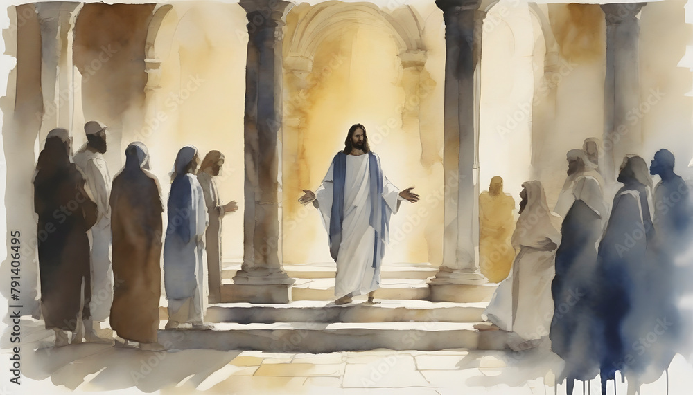 Watercolor painting of Jesus Christ visiting the Temple at Jerusalem. Stock Illustration | Adobe ...