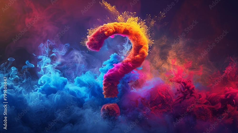Dynamic image of a fluorescent question mark exploding, pastel hues ...