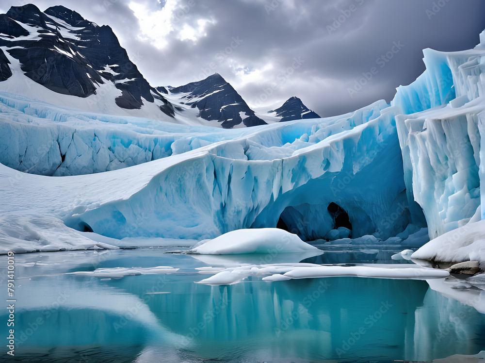 melting glaciers with fast flowing water, illustrating the phenomenon ...