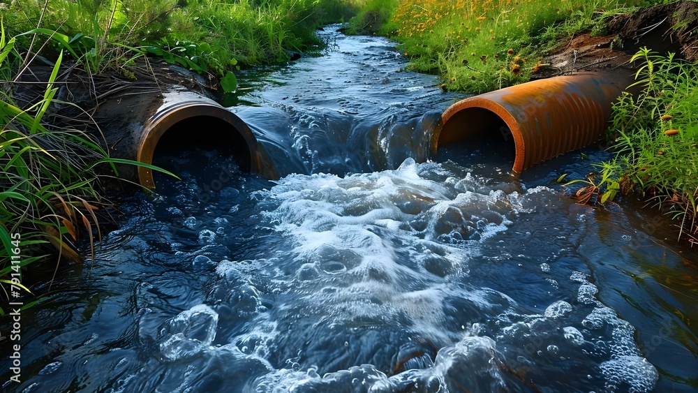 Toxic waste flowing from rusty pipe into blue river spreading pollution ...