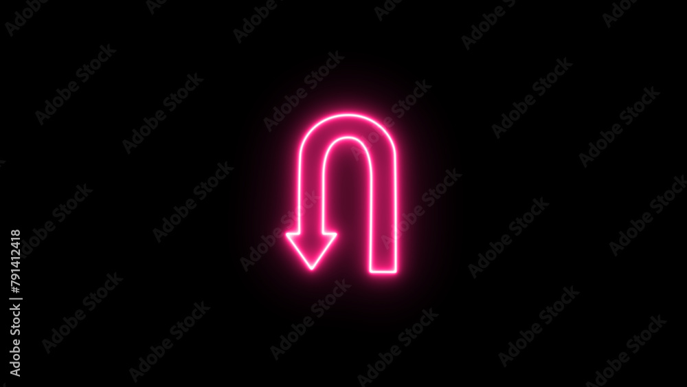Neon glowing U turn road sign icon on the black background. U turn ...