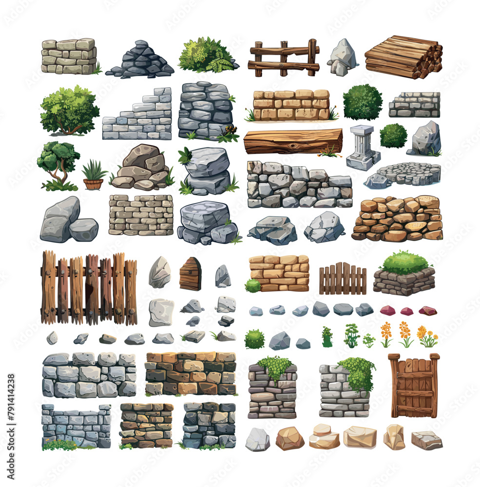 Garden materials cartoon vector set. Stone masonry hedge bushes fence ...
