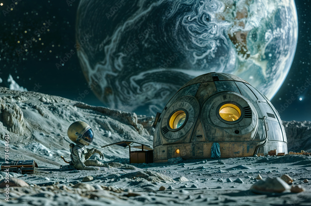 focus on an alien and a human collaboratively constructing a home ...