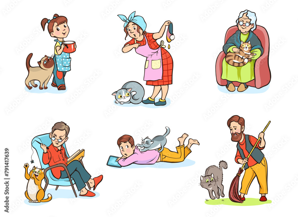 Cats with owners. Pets in different situations. People come into ...