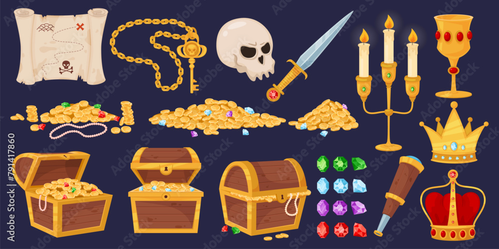 Cartoon pirate trophies. Treasure in wooden chests. Golden coins. Human ...