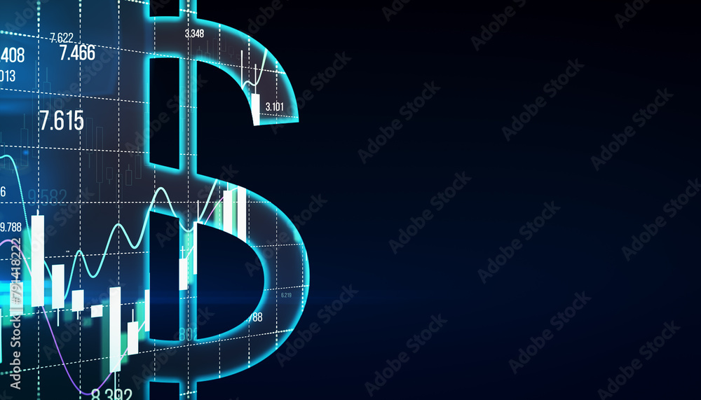 Creative tech dollar sign on dark background with mock up place. Crypto ...