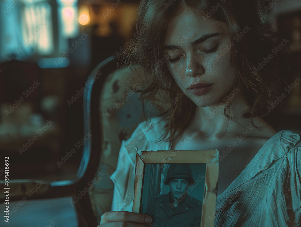 Sad emotion despair child woman wife holding picture of death husband ...