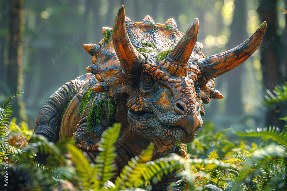A majestic Triceratops, with its three-horned face and frilled neck ...