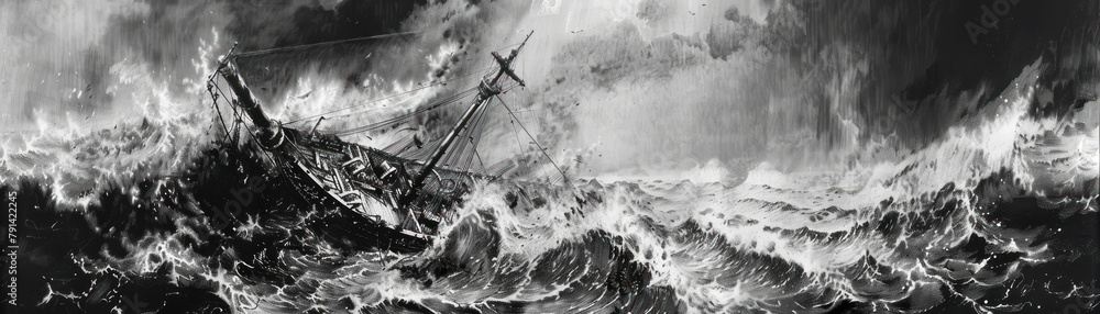 A pencil drawing of a large ship being tossed around in a stormy sea ...