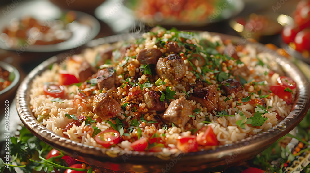 Kabsa, hummus, maqluba, maqluba, tabbouleh close-up, rice and meat dish ...