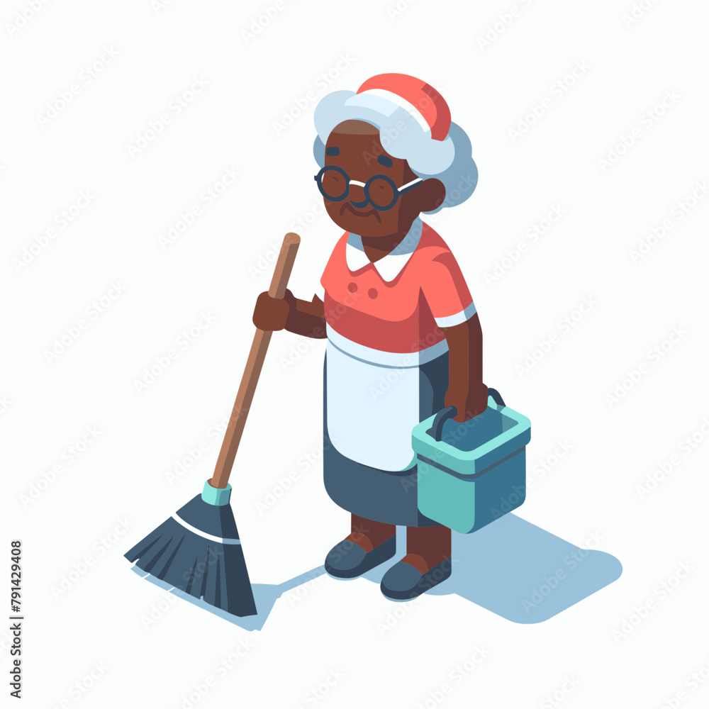 Housekeeping Janitor black woman Isometric Minimal Cute Character ...