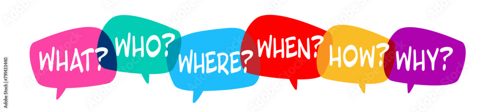 6 questions speech bubble set: what?, who?, where, when?, how? and why ...