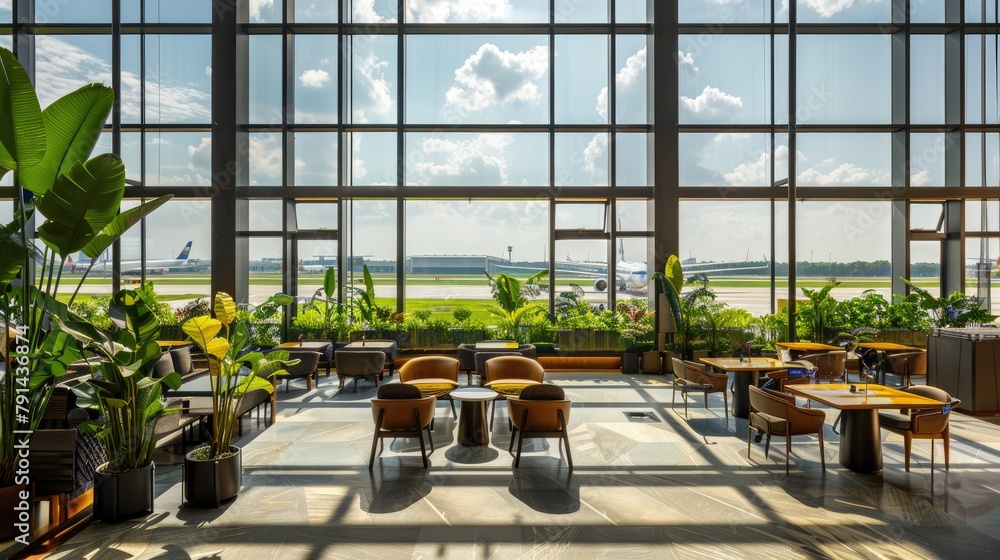 Foto de modern international airport departure area with lushious ...