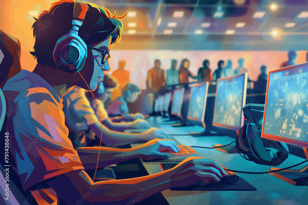 Vibrant illustration of gamers focused and competing in an exciting ...