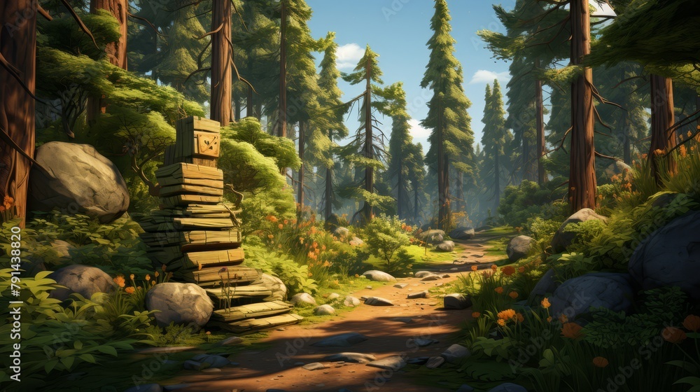 Front view on a forest trail with educational signage about local ...