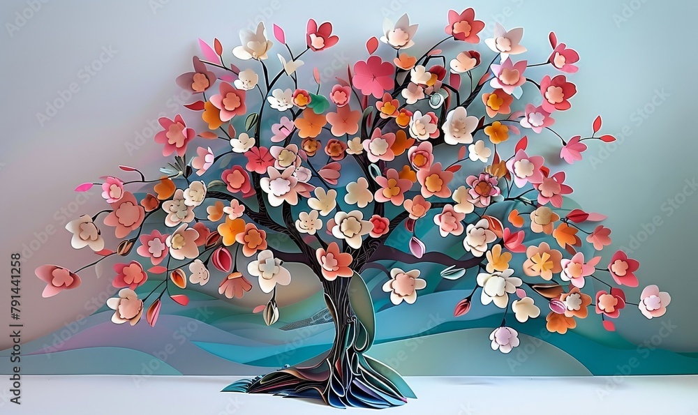 Artistic papercraft with a blossom tree with many flowers, Generative ...