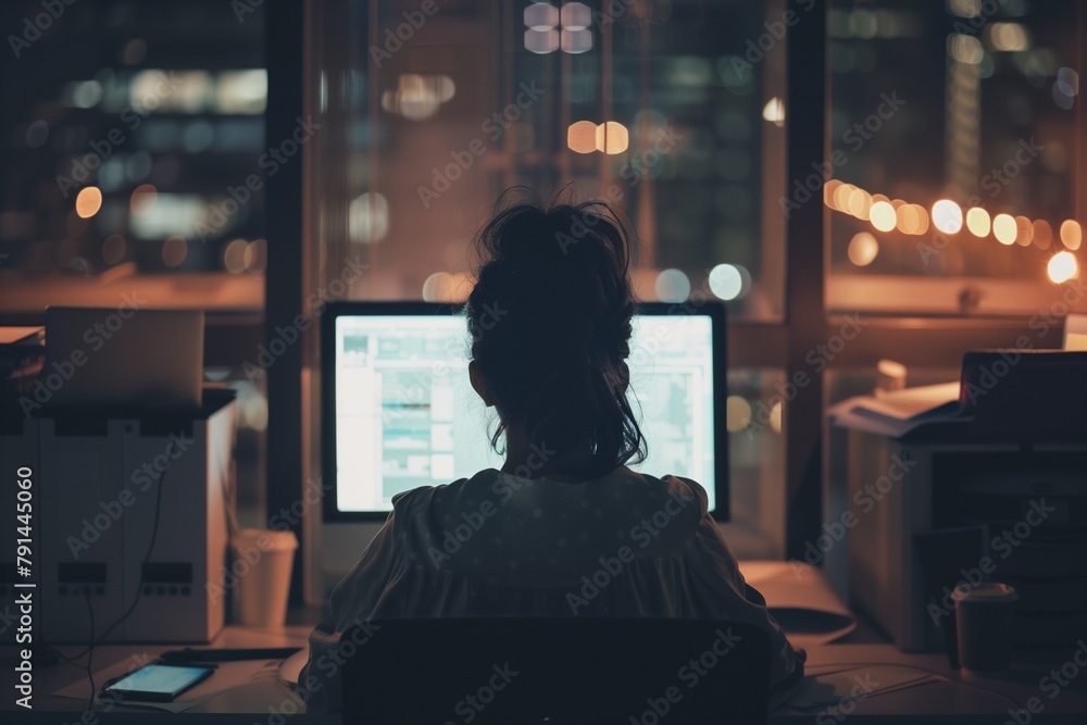 The back view of an office worker, working late at night. Generative AI ...