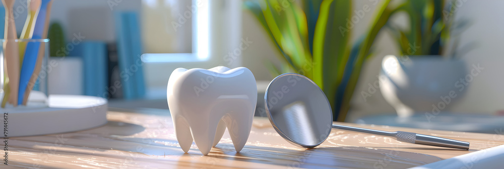 Model of tooth with tooth care equipment on light blue background ...
