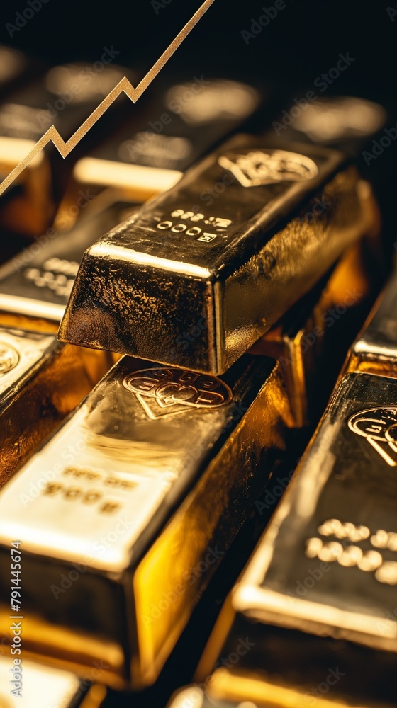 A Vertical Image Of A Rising Line Arrow Graph With A Stack Of Gold Bars ...