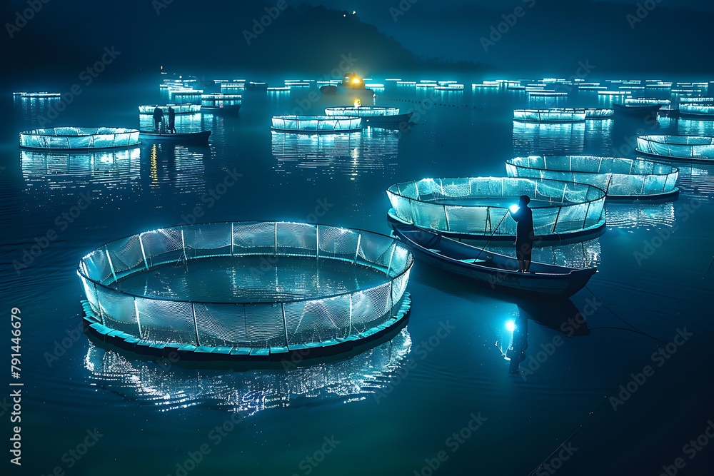 A bustling fish farm with rows of tanks teeming with aquatic life ...