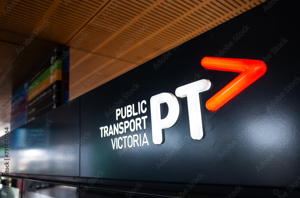 A sign for Public Transport Victoria (PTV), the brand name for public ...
