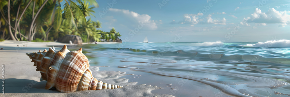 Sea shell on tropical sea and sandy beach blue sky background ...