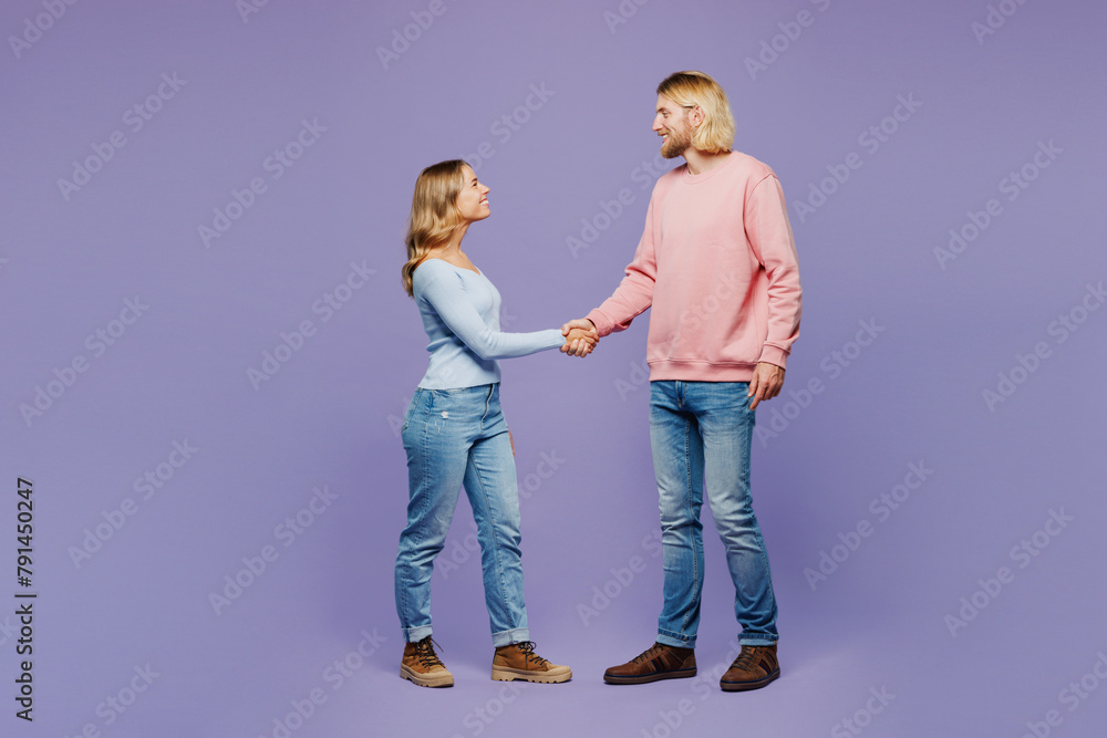 Full body side profile view young happy couple two friends family man ...