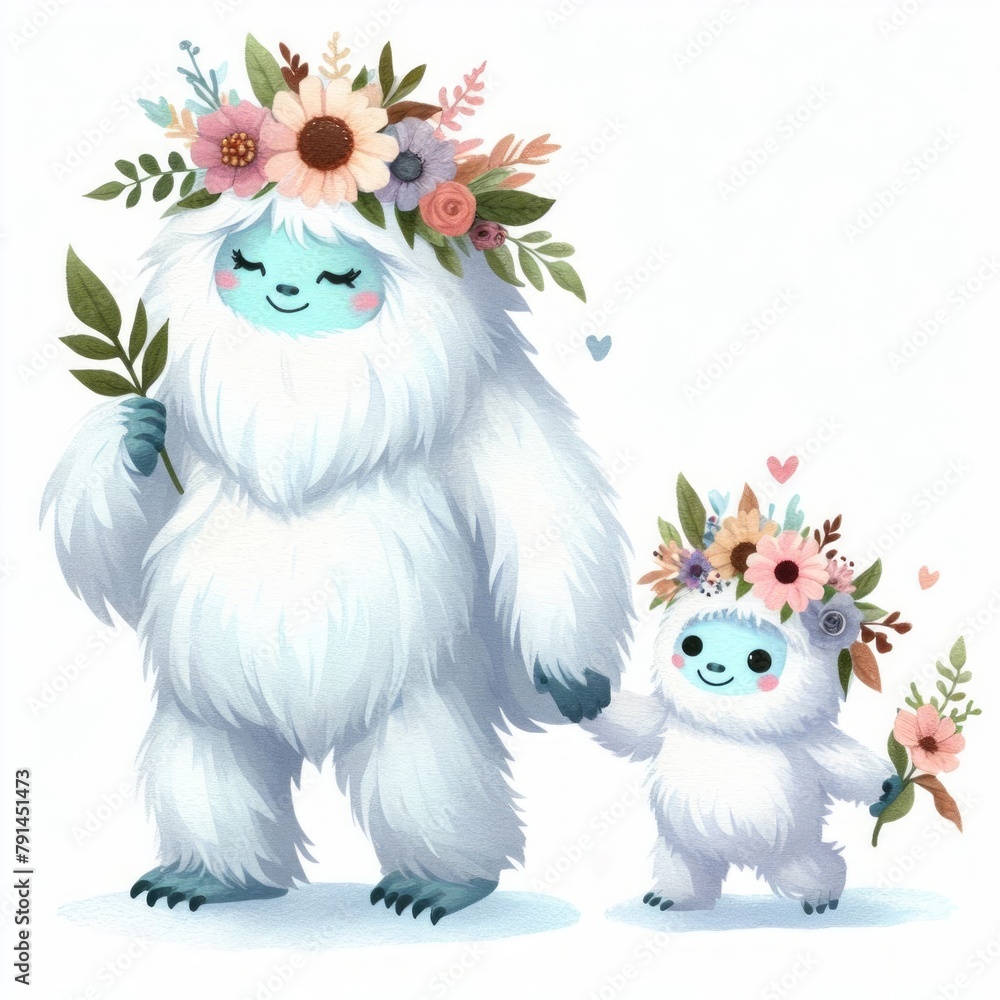 Yeti Mom and Baby ,Watercolor Mother's Day Clip Art, Greeting Art Cute ...