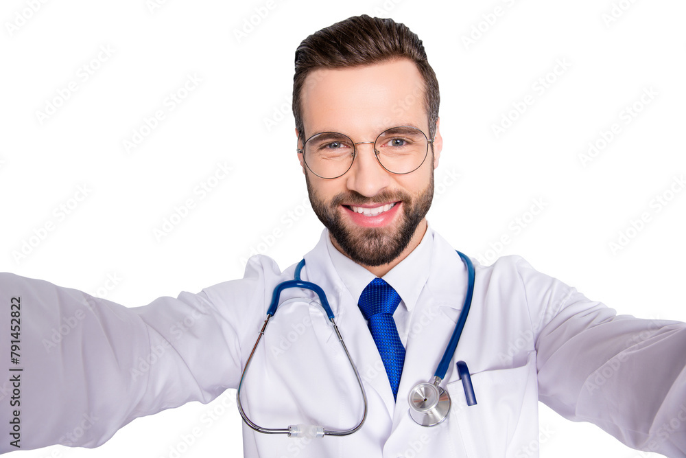 Self portrait of joyful cheerful doc in white outfit with tie and ...