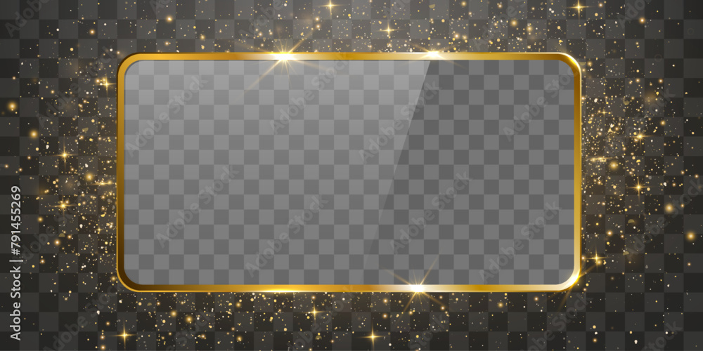 Vector golden frame around glitter particles. Golden frame with ...