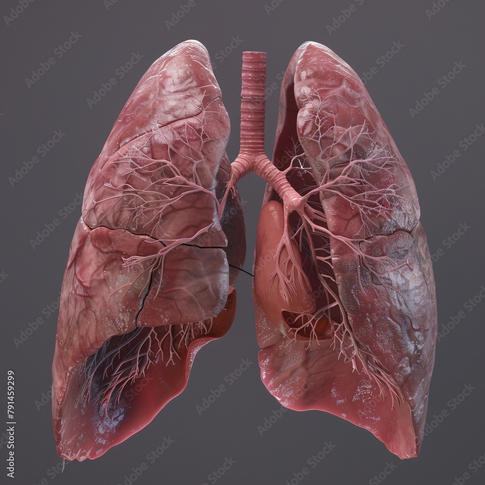 Highly detailed image of human lungs, featuring lobes, bronchi, alveoli ...