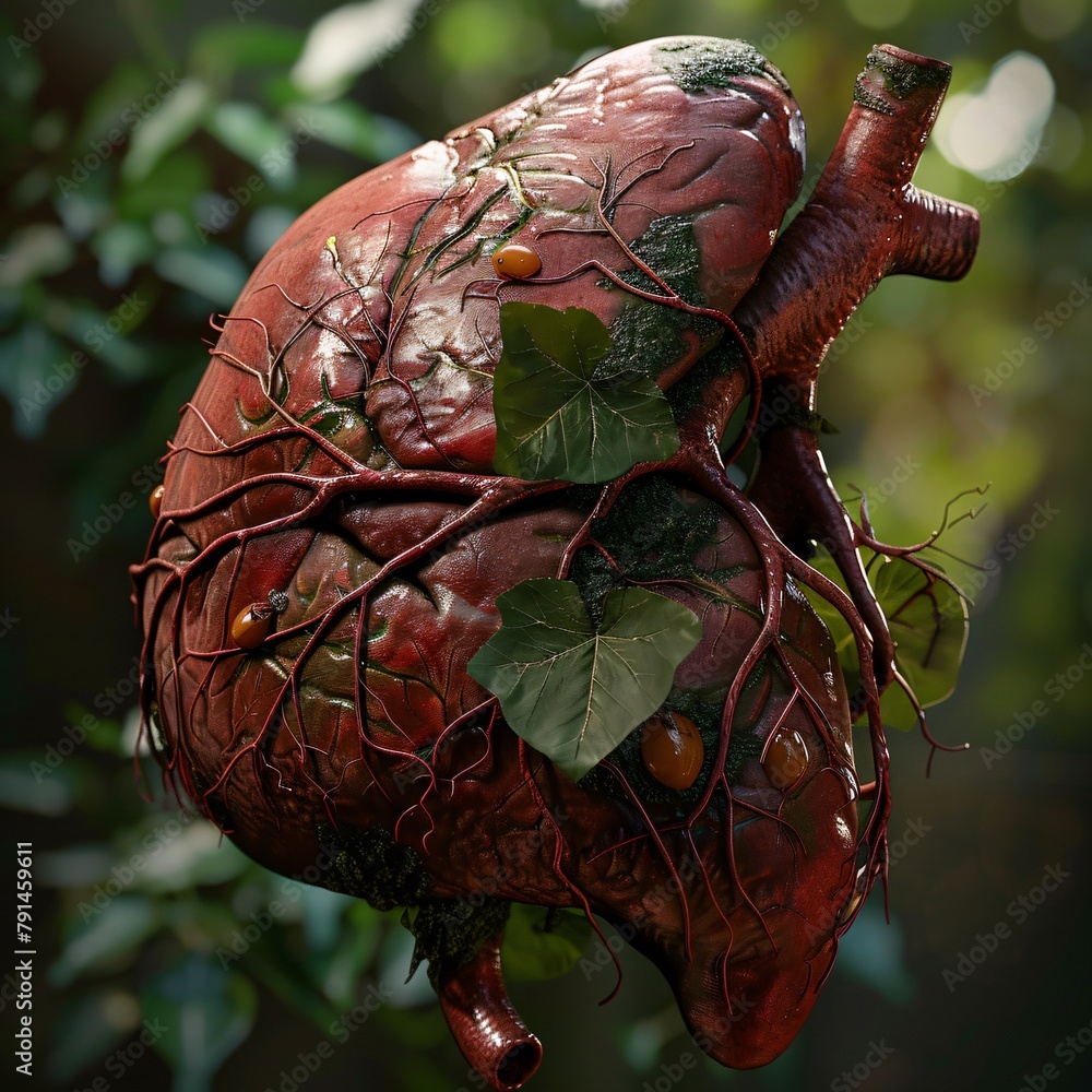 Highly detailed image of a human liver, featuring lobes, hepatic veins ...