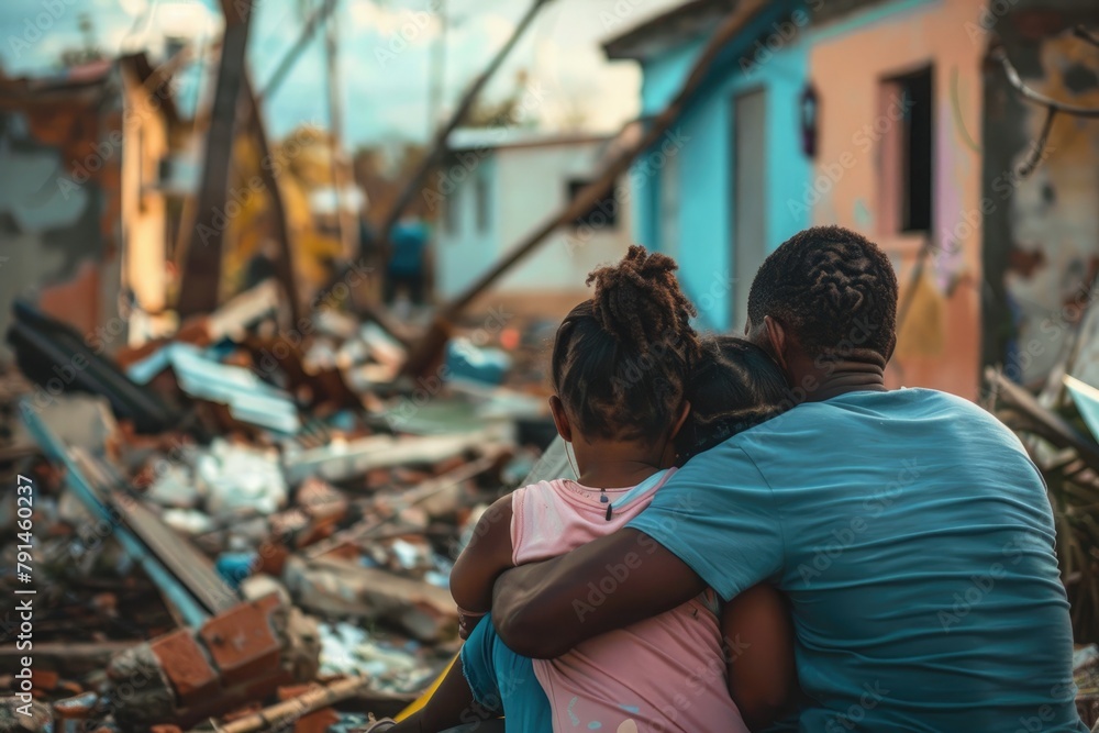 A family huddled together amidst the ruins of their home destroyed by a ...
