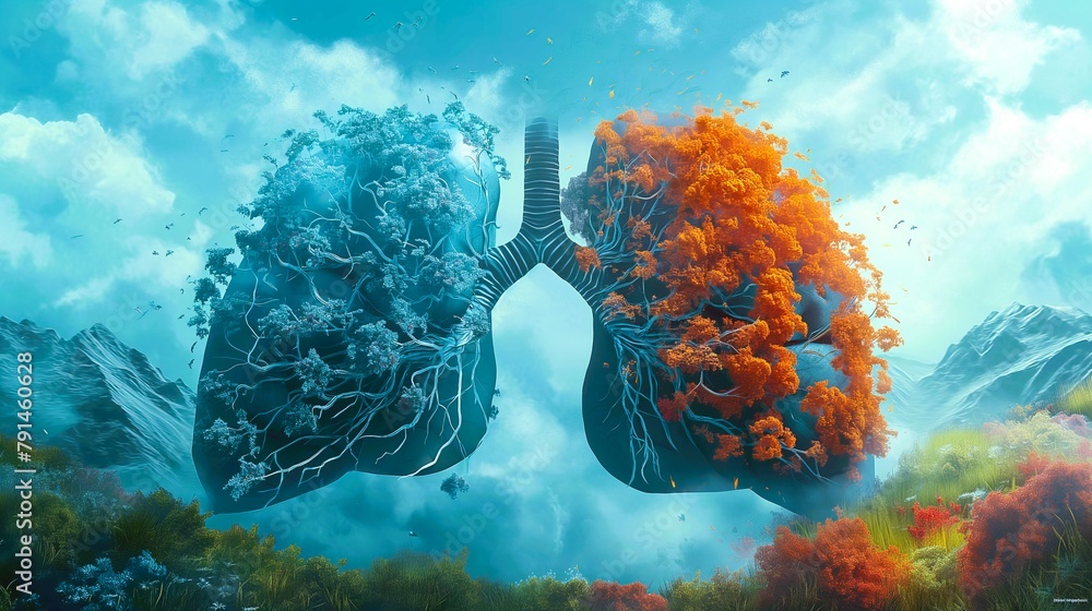 Two lungs with trees growing out of them. The trees are orange and blue ...