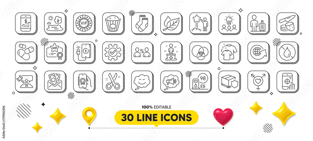 Socks, Vip chip and Judge hammer line icons pack. 3d design elements ...