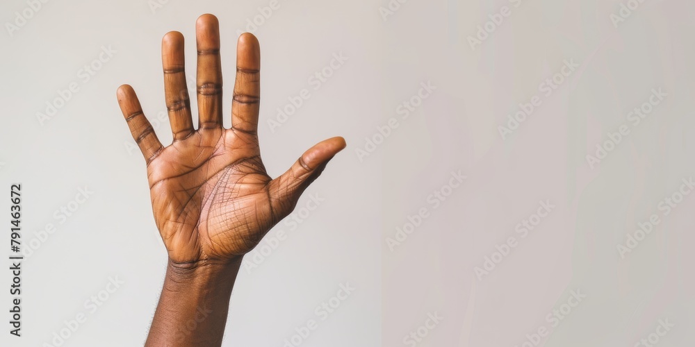 Hand, counting five, and person in studio with marketing mockup ...