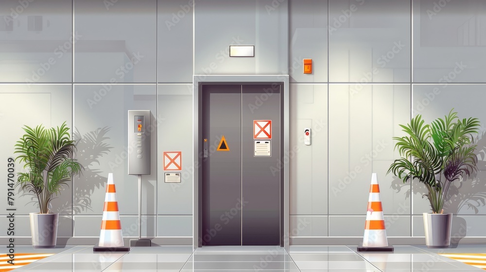 A modern lobby with a broken lift and a closed broken door, warning ...