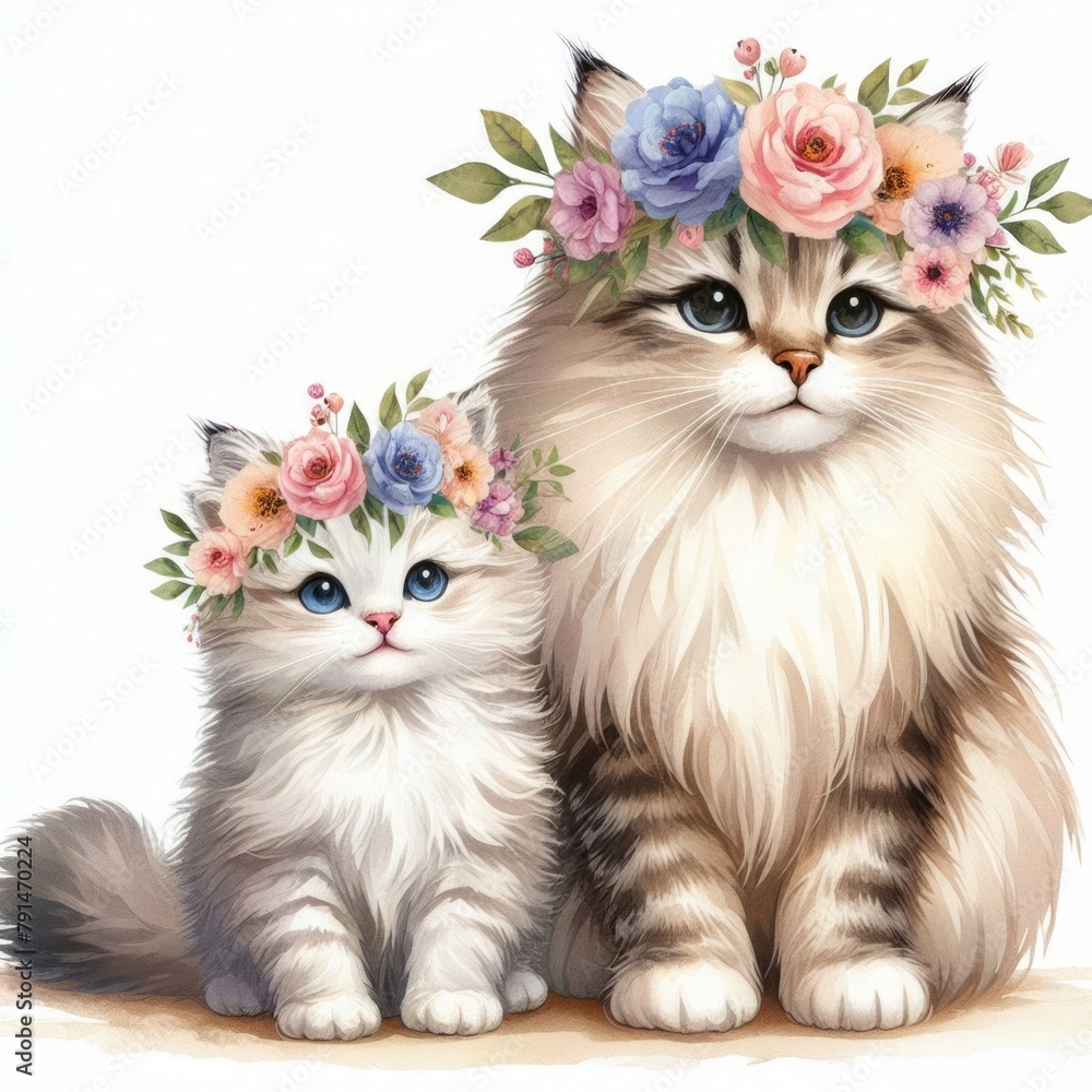 Maine Coon Cat Mom and Baby ,Watercolor Mother's Day Clip Art, Greeting ...