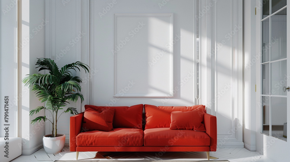Bold and beautiful, a ruby red sofa takes center stage in this sleek ...