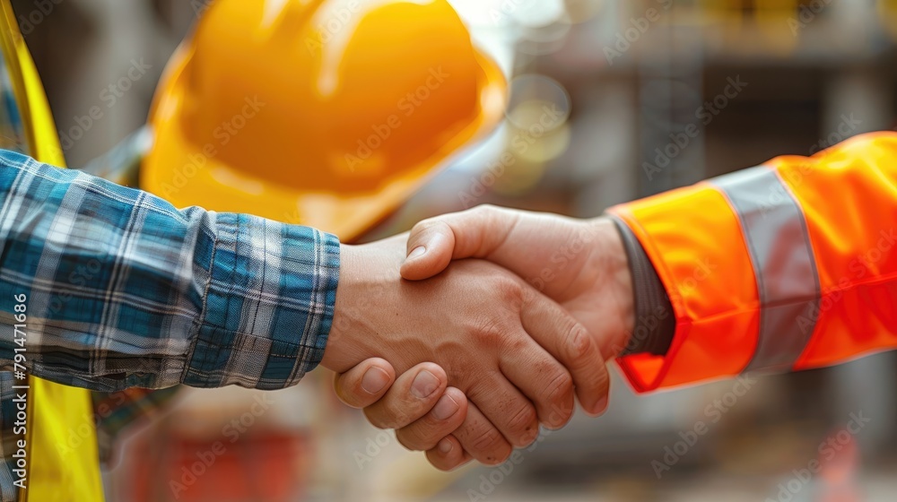 Close-up of a firm handshake between two construction workers with ...
