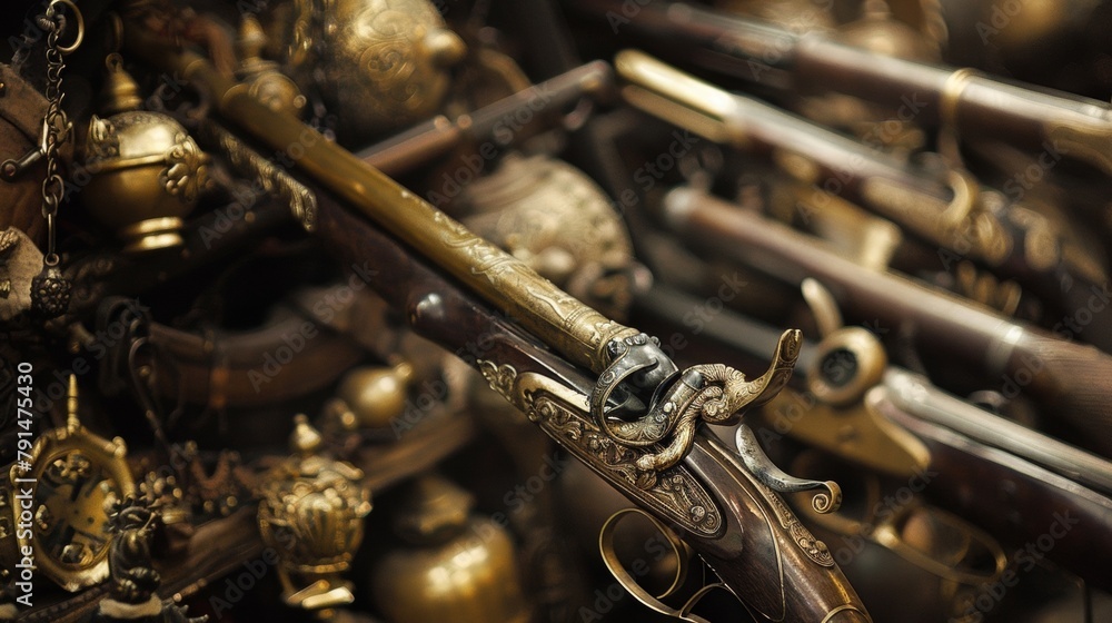 A blurred collection of antique weaponry and mythical artifacts hinting ...