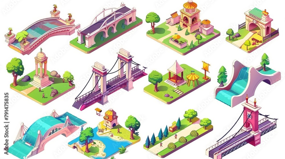 3D modern line art web banner of bridges in different designs. City ...