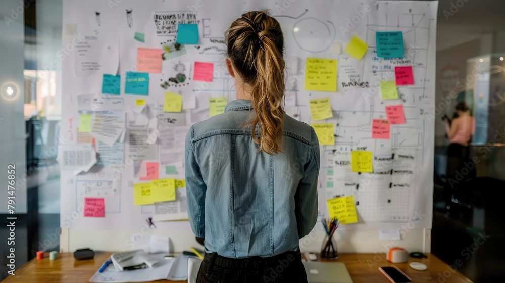 woman brainstorming ideas on a whiteboard in her home office, mapping ...