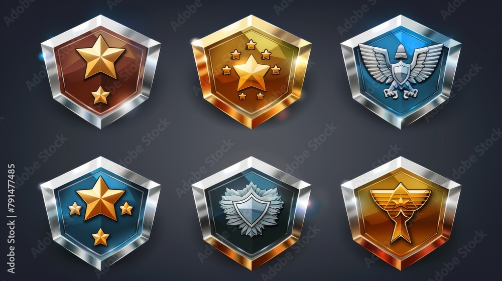 Rank icons, level badges, UI hexagons with military stars and wings ...