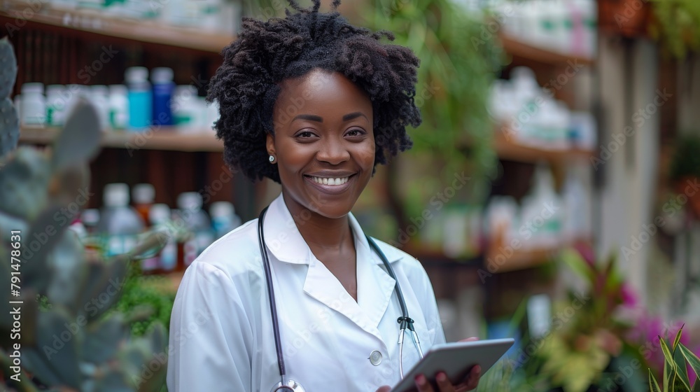 Pharmacy Leadership: Smiling Black Female Pharmacist in Pharaonic White ...