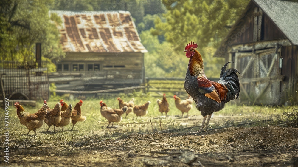 rustic barnyard scene with a rooster proudly crowing amidst a flock of ...