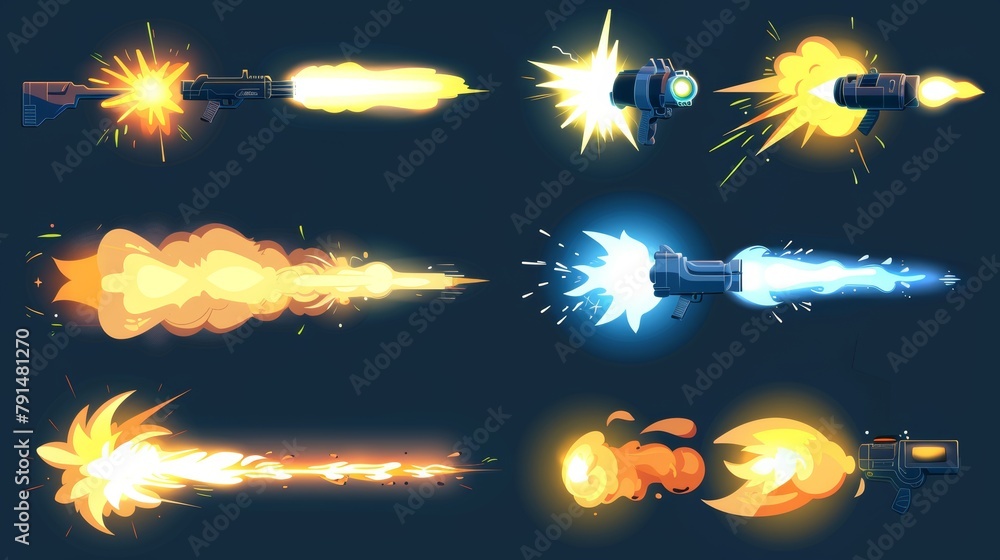 Handgun or blaster light effect in game. Illustration set of various ...
