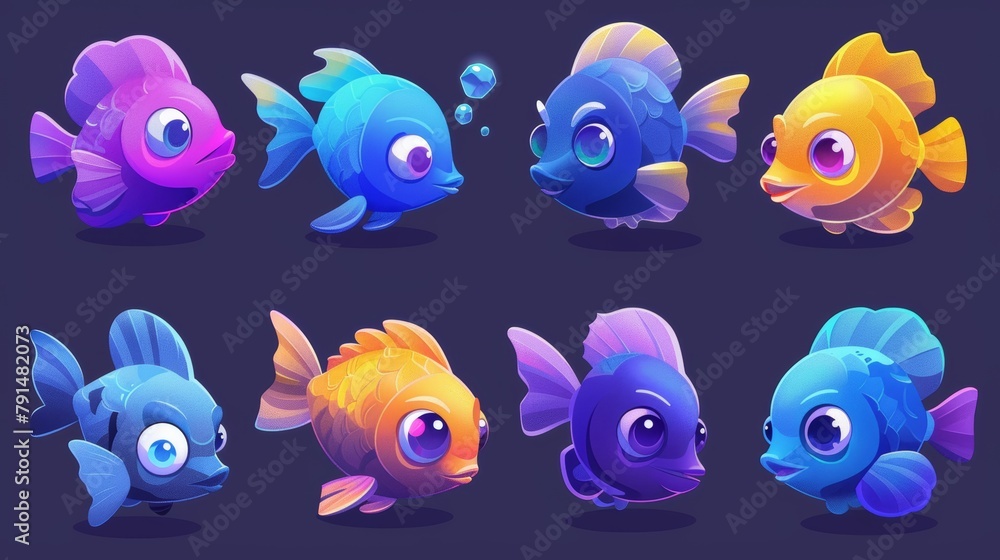 The cartoon fish in this illustration has a toothy grin and a fin. The ...